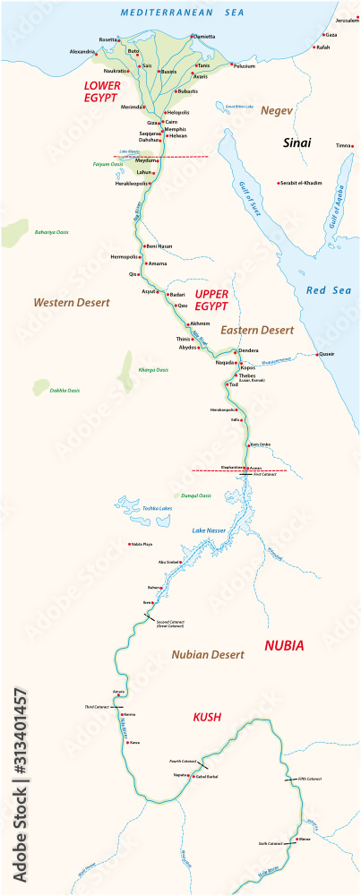 Ancient Egypt map with important sights on the nile river Stock Vector ...