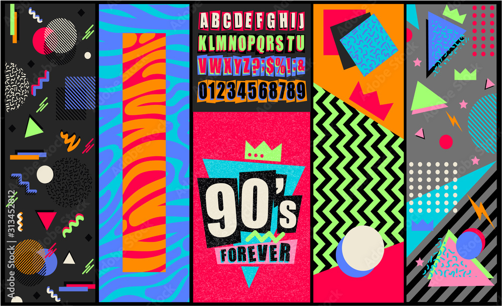 90s and 80s poster. Retro style textures and alphabet mix. Aesthetic ...