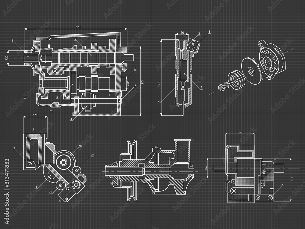 Technical blue background with drawings of details and mechanisms ...