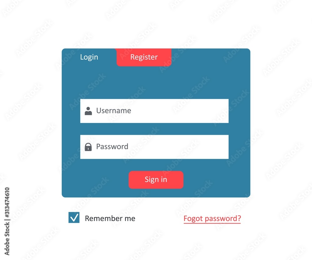 Member registration form for the user. Account registration and login page. Vector isolated on ...