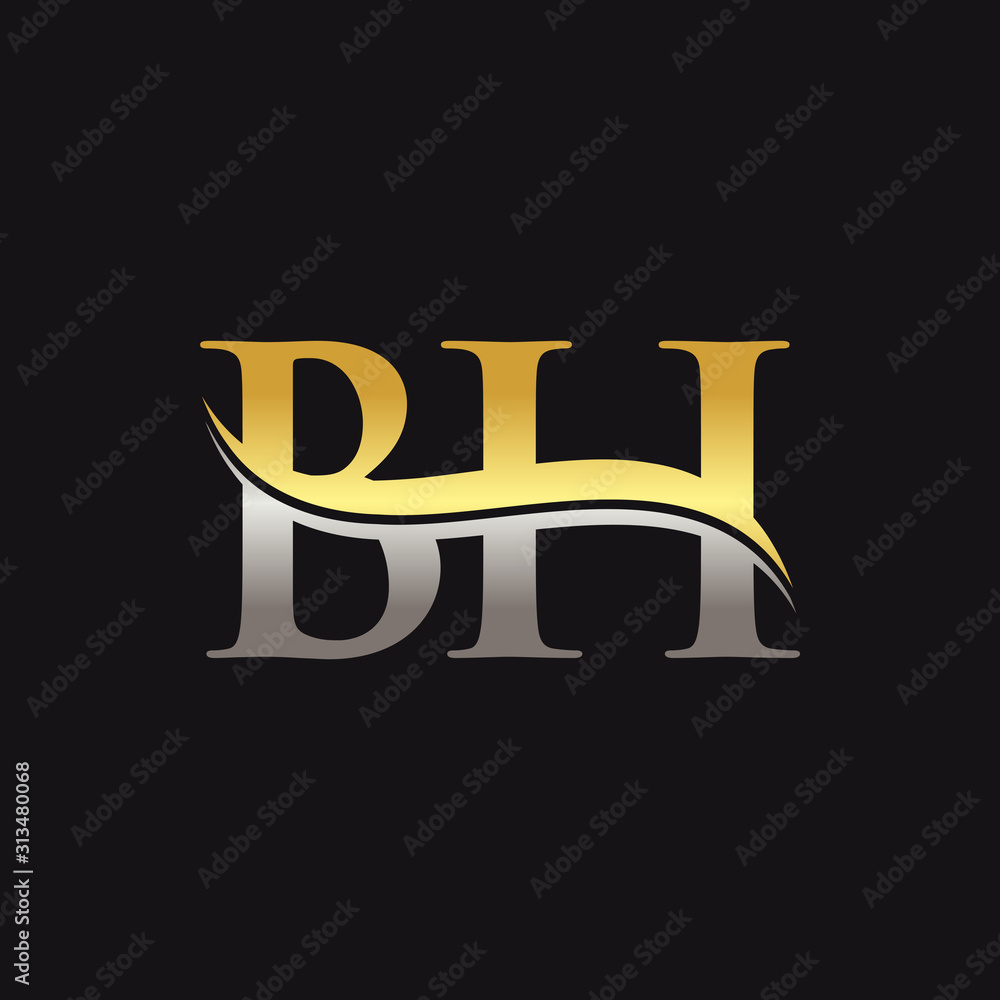 Initial Gold And Silver letter BH Logo Design with black Background. BH ...
