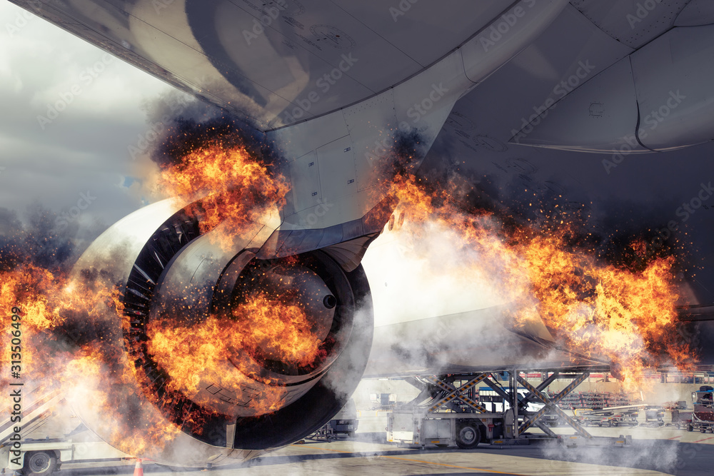 Grounded plane in the airport experiencing a catastrophic failure event ...