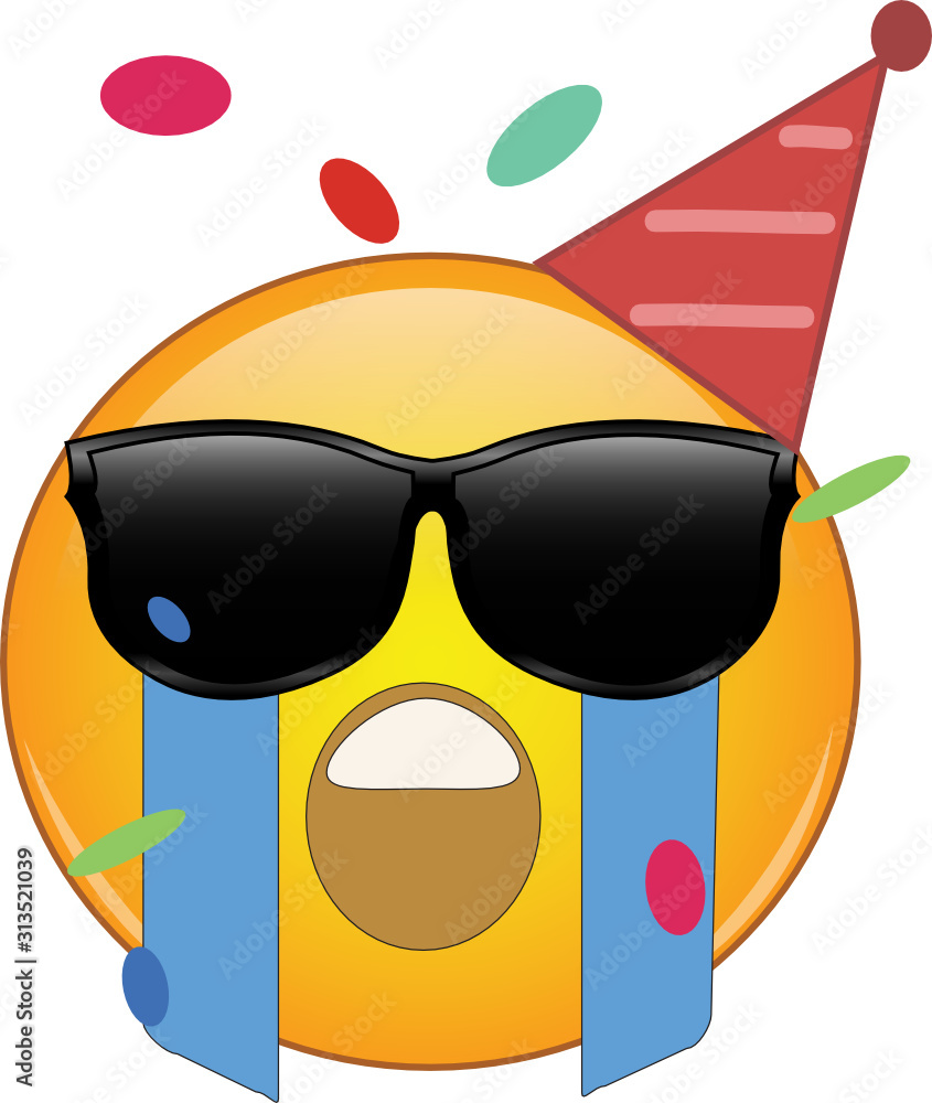 Crying party emoji. Sad emoticon at the party, wearing party hat, tears ...