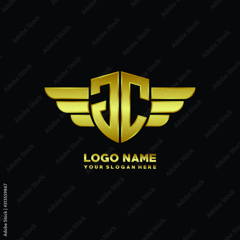 initial letter JC shield logo with wing vector illustration, gold color ...