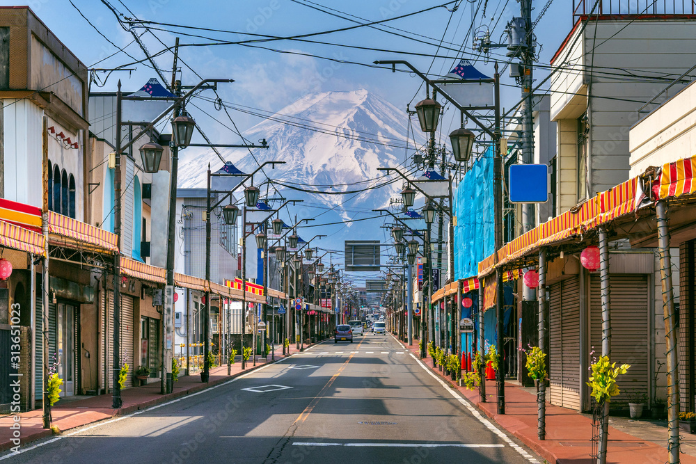The road in Fujiyoshida with background of Fuji mountain, Japan. Stock ...