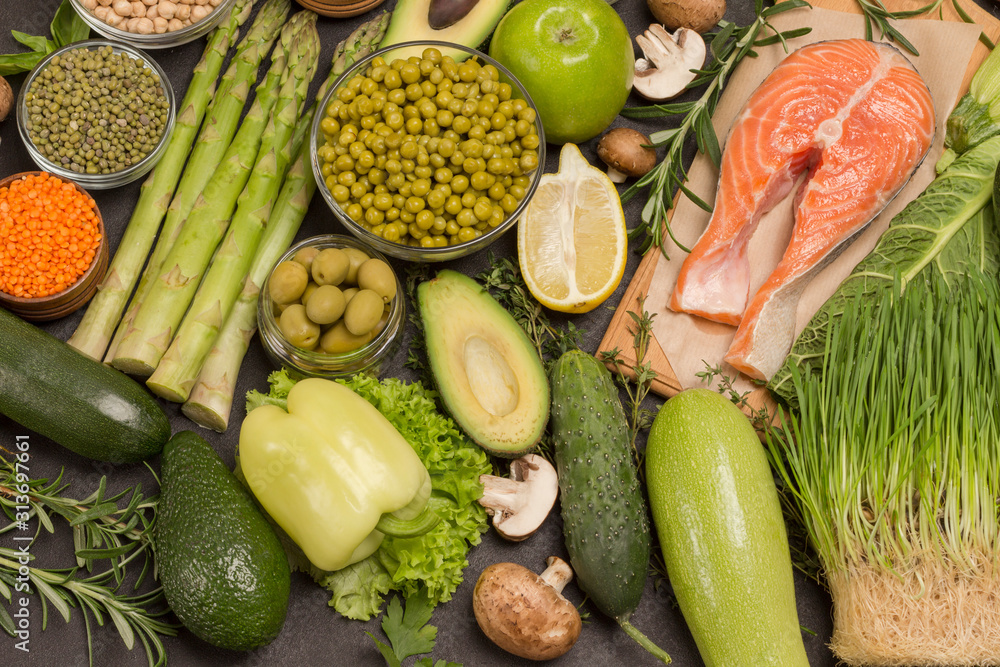 Food sources of omega 3 and omega 6 on black background. Health food ...