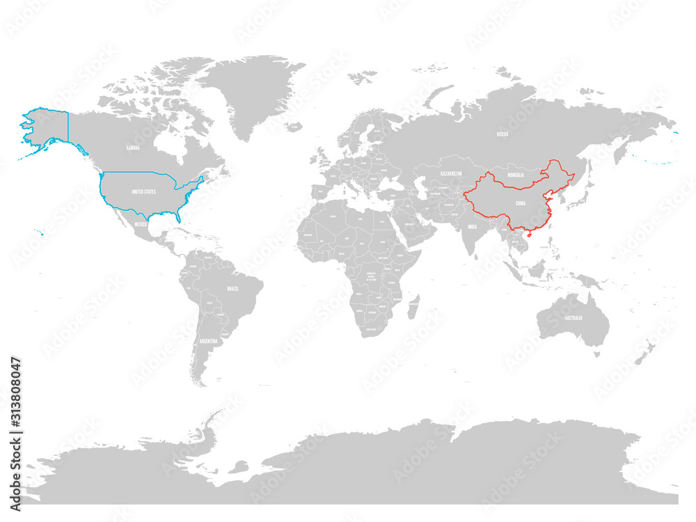 United States and China highlighted on political map of World. Vector ...