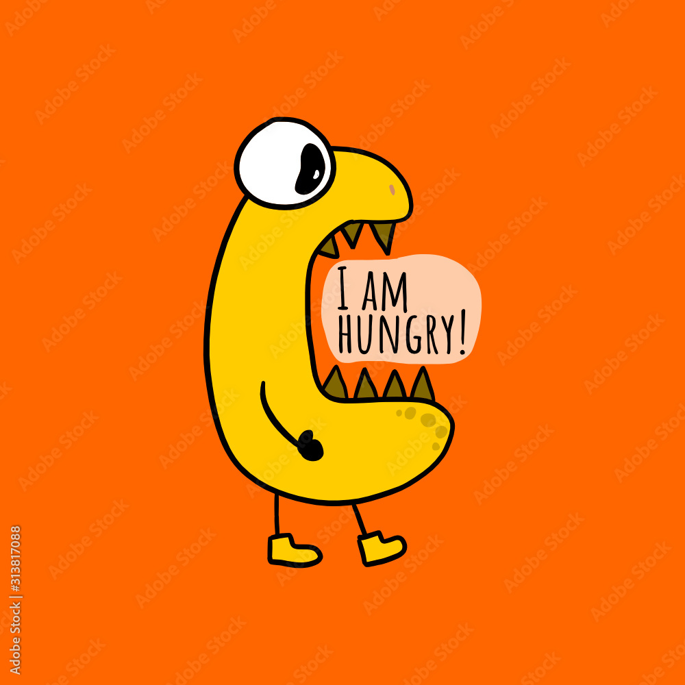Funny hungry monster game creature character. With text I am hungry! in ...