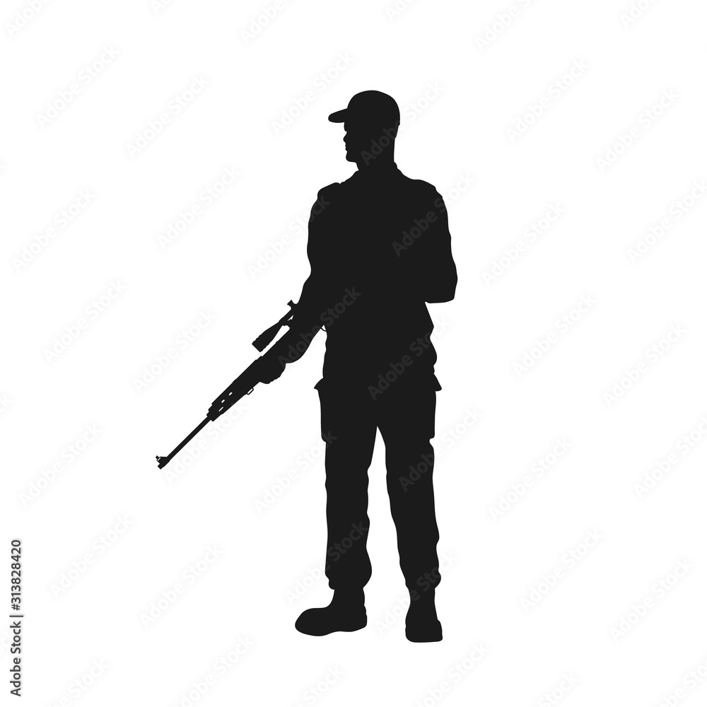 Black silhouette of guard with gun. Police officer with sniper rifle ...