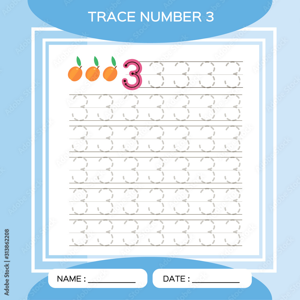 Trace number 3 Three. Children educational game. Kids learning material ...