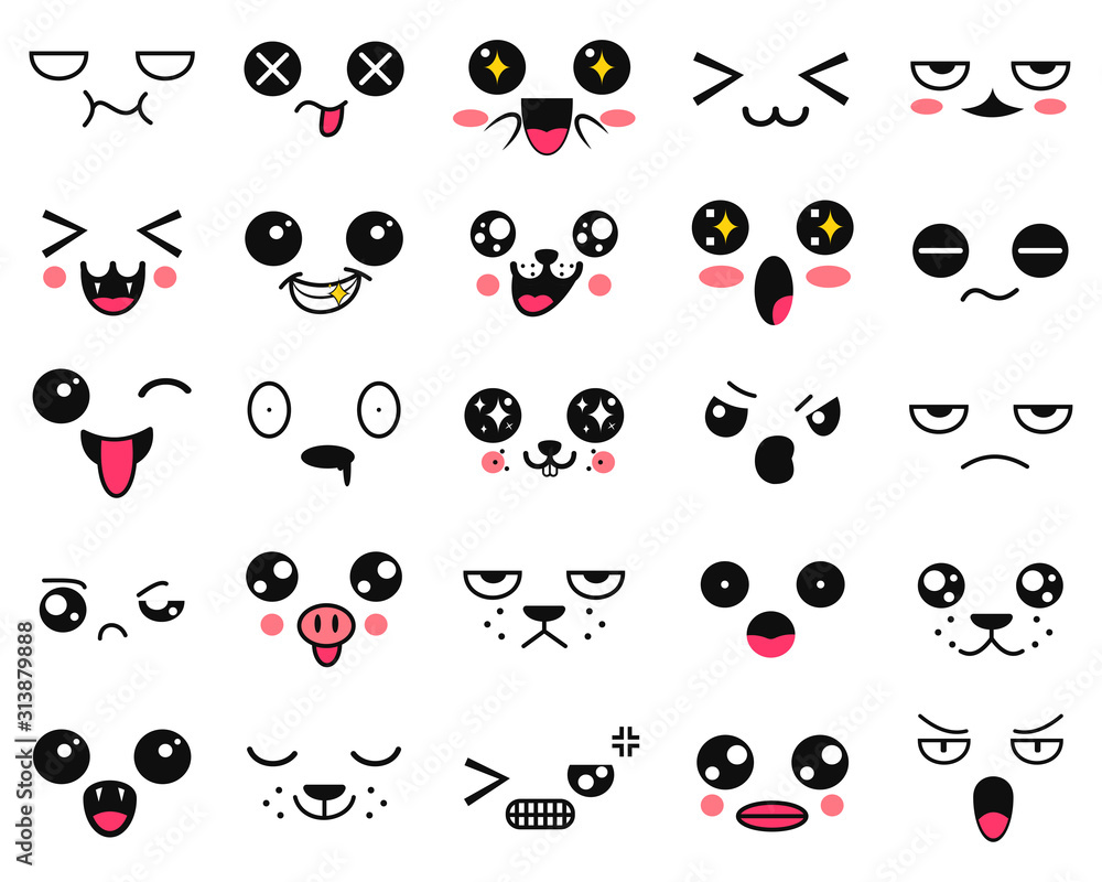 Kawaii cute faces. Manga style eyes and mouths. Funny cartoon japanese ...