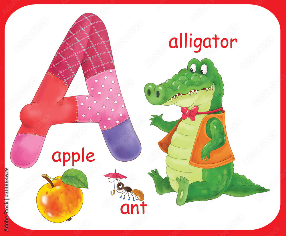 English alphabet. ABC. Capital letter A. Alligator, apple, ant ...