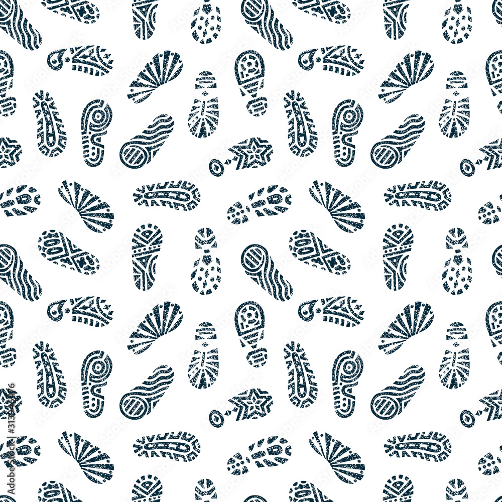 Grunge footprints Seamless pattern. Hand drawn doodles shoe tracks ...