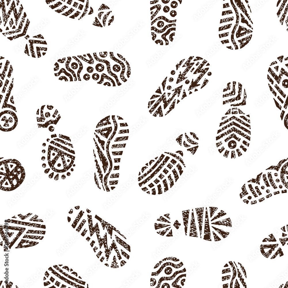 Grunge footprints Seamless pattern. Hand drawn doodles shoe tracks ...