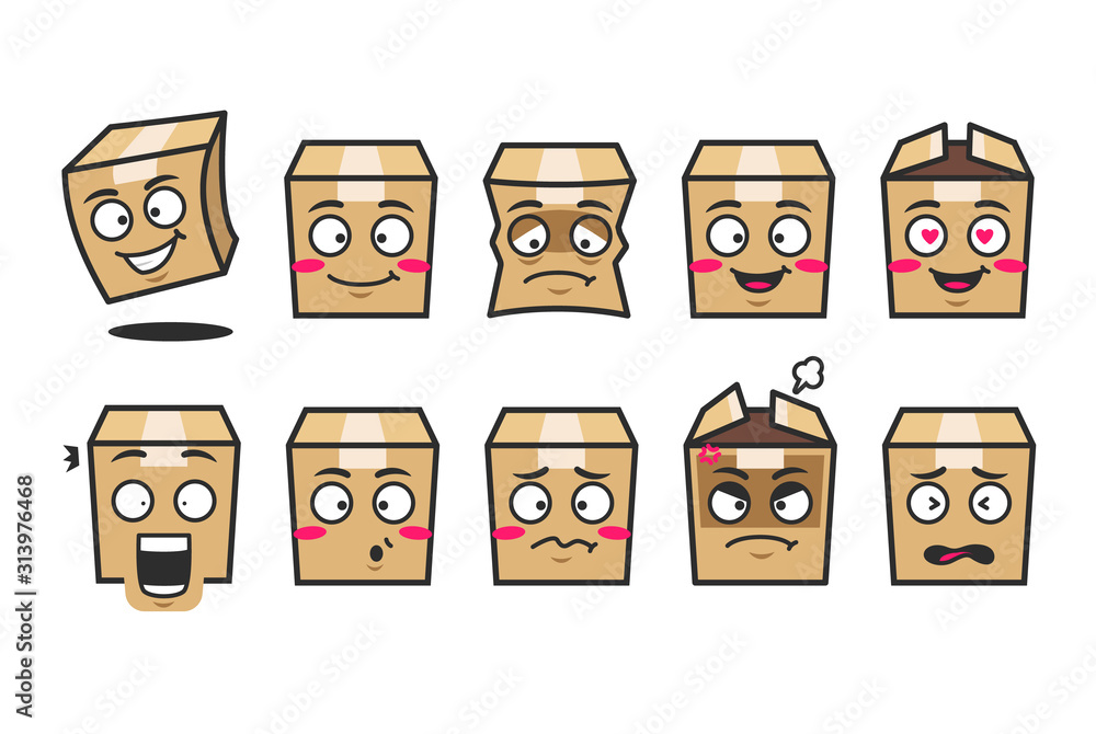 Cardboard package box emoji cartoon character mascot kit in cute style ...