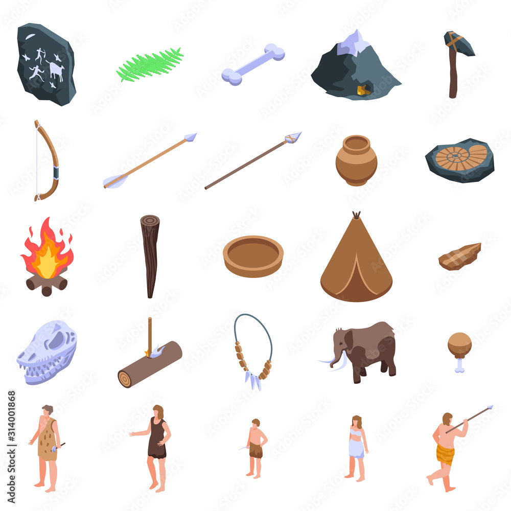 Stone age icons set. Isometric set of stone age vector icons for web ...