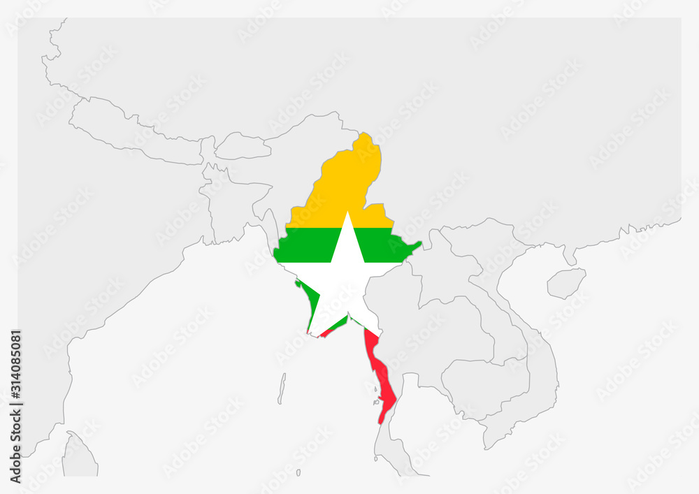 Myanmar map highlighted in Myanmar flag colors Stock Vector | Adobe Stock