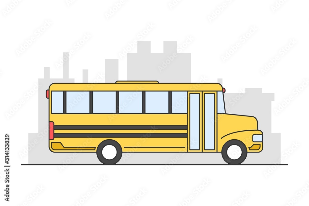 Flat style yellow school bus with city landscape behind isolated on ...