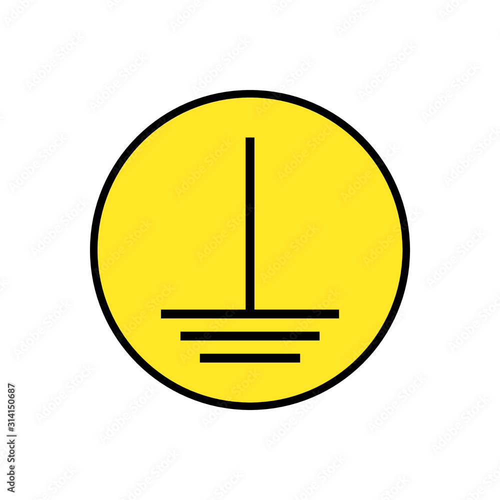 Circular yellow warning protective earth ground symbol sign. Vector ...