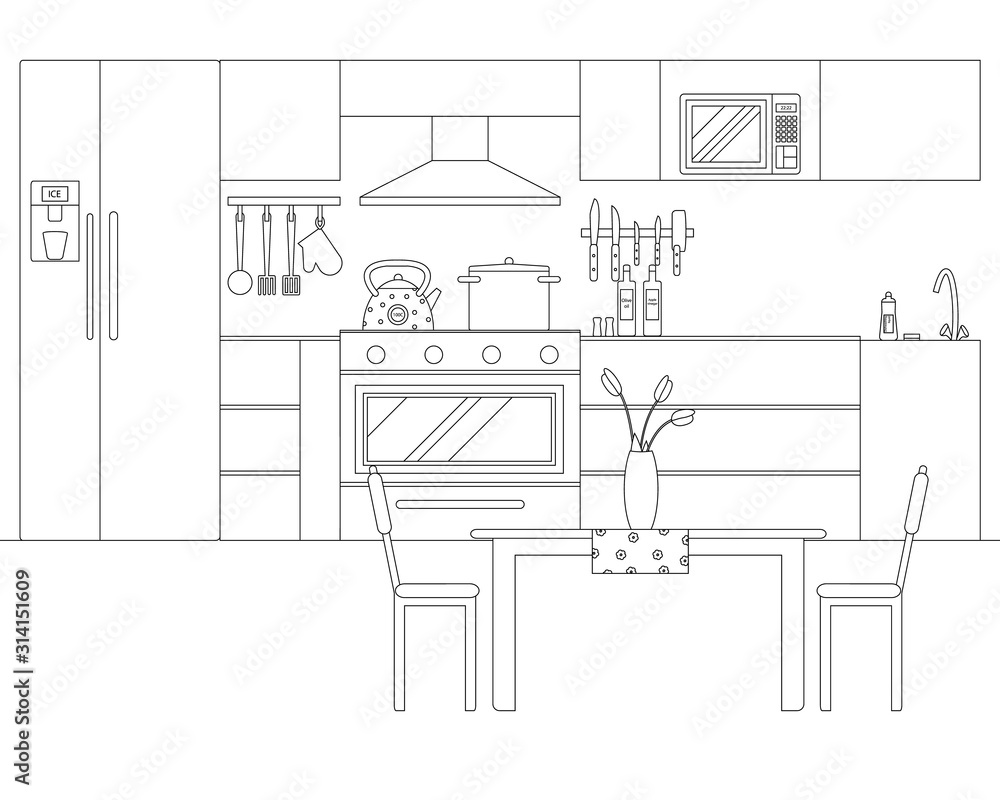 Vector Illustration of Kitchen in Line Art Style. Interior of Cook Room ...