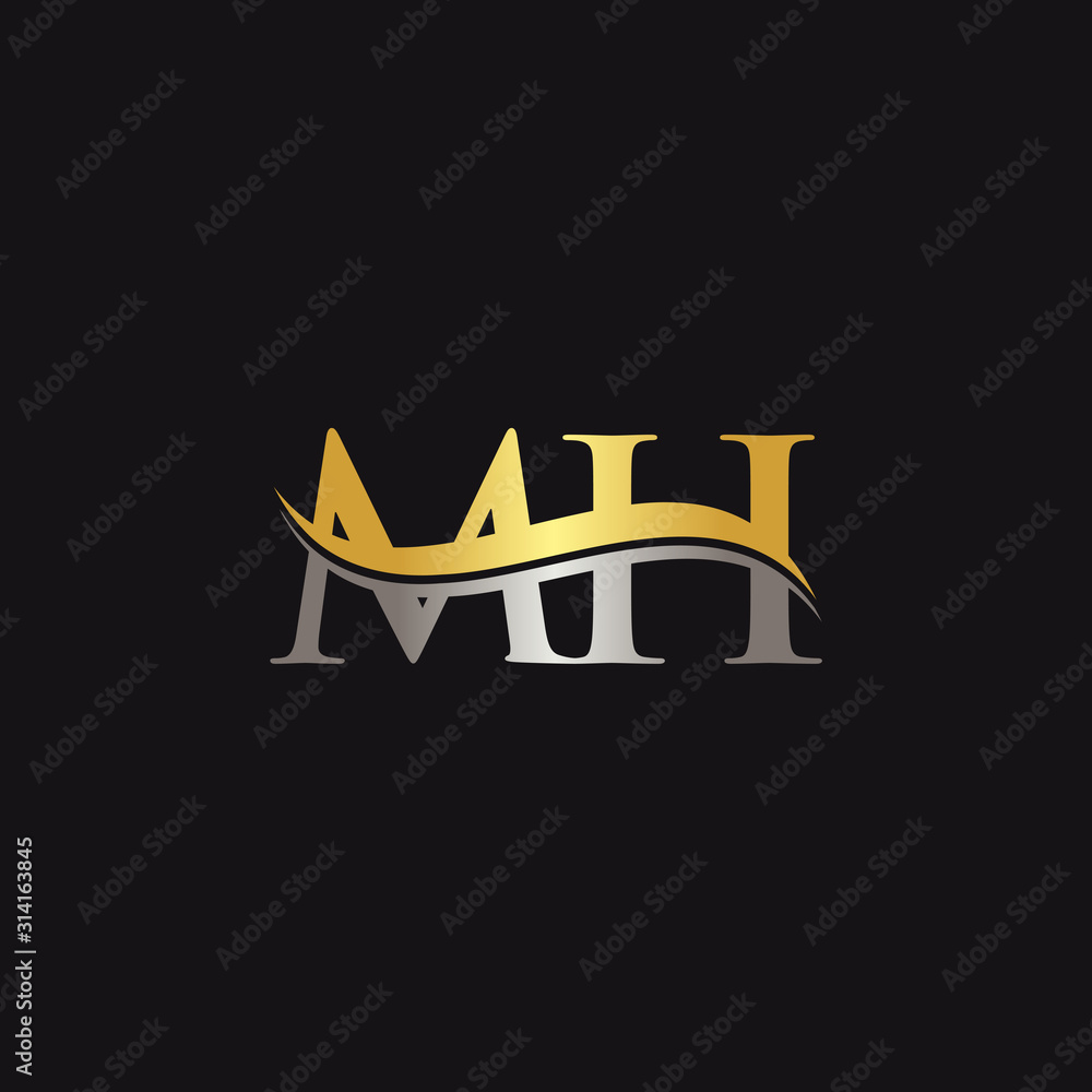 Initial Gold And Silver letter MH Logo Design with black Background ...