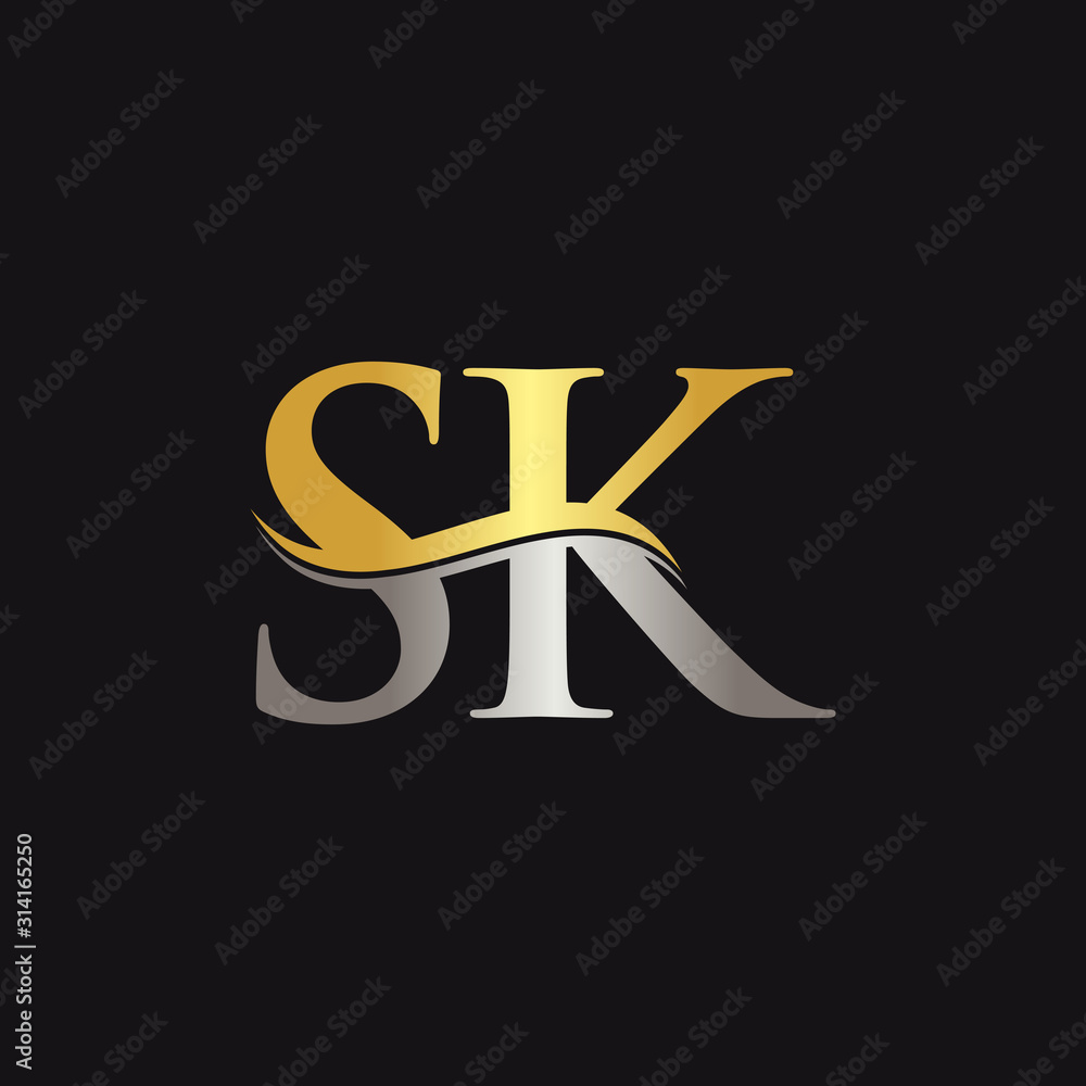 Gold And Silver letter SK Logo Design with black Background. SK Letter ...