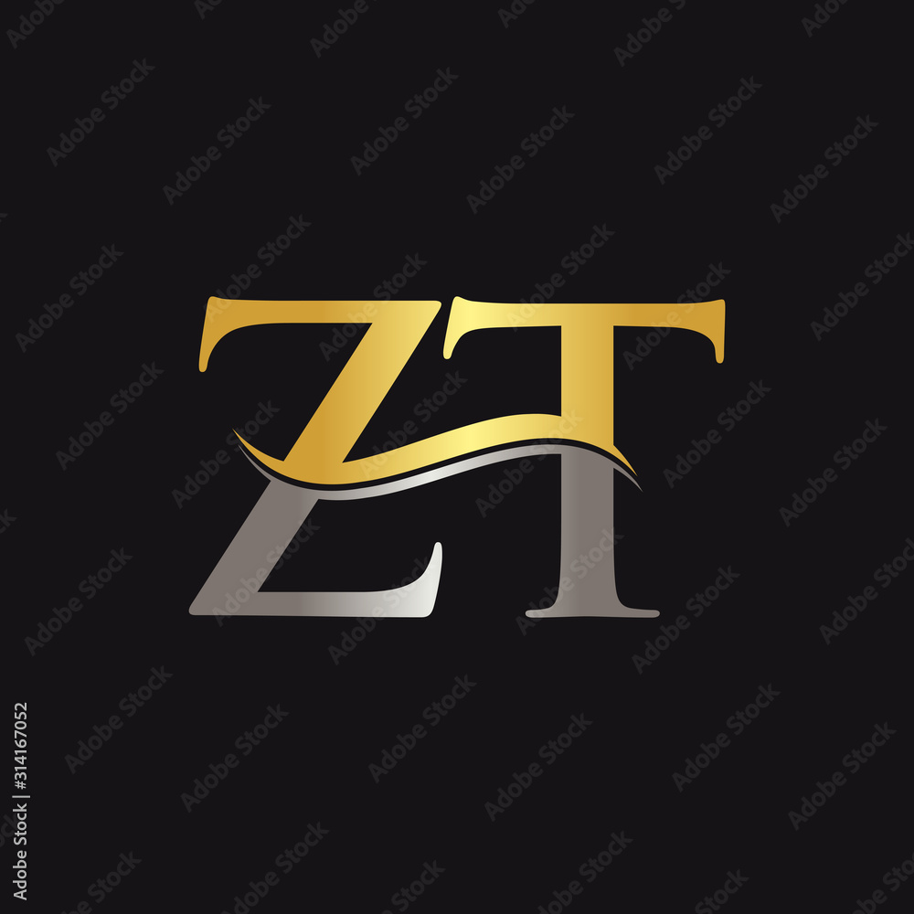 Initial Gold and Silver ZT Letter Linked Logo with Black Background ...
