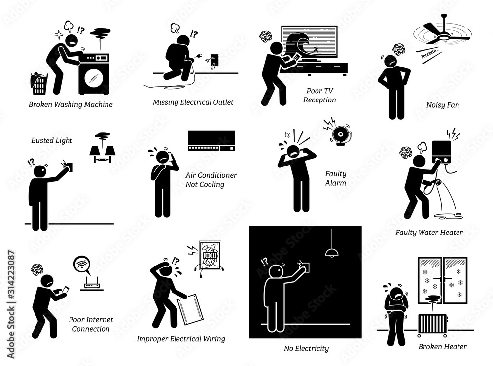 Electrical home appliances problems at house stick figure pictogram ...