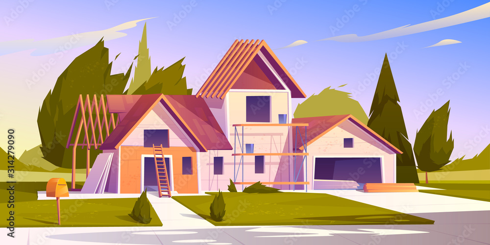 Unfinished house construction. Vector cartoon illustration of ...