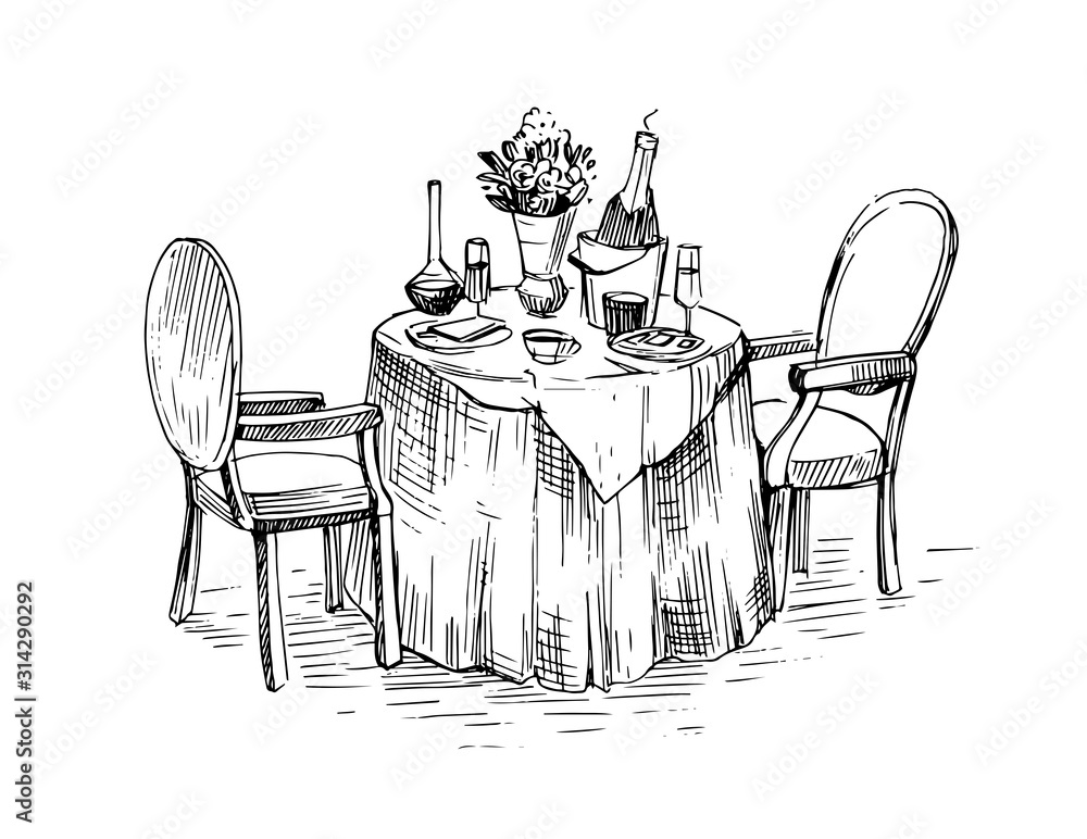 Cafe table with chairs. Hand drawn sketch converted to vector Stock ...
