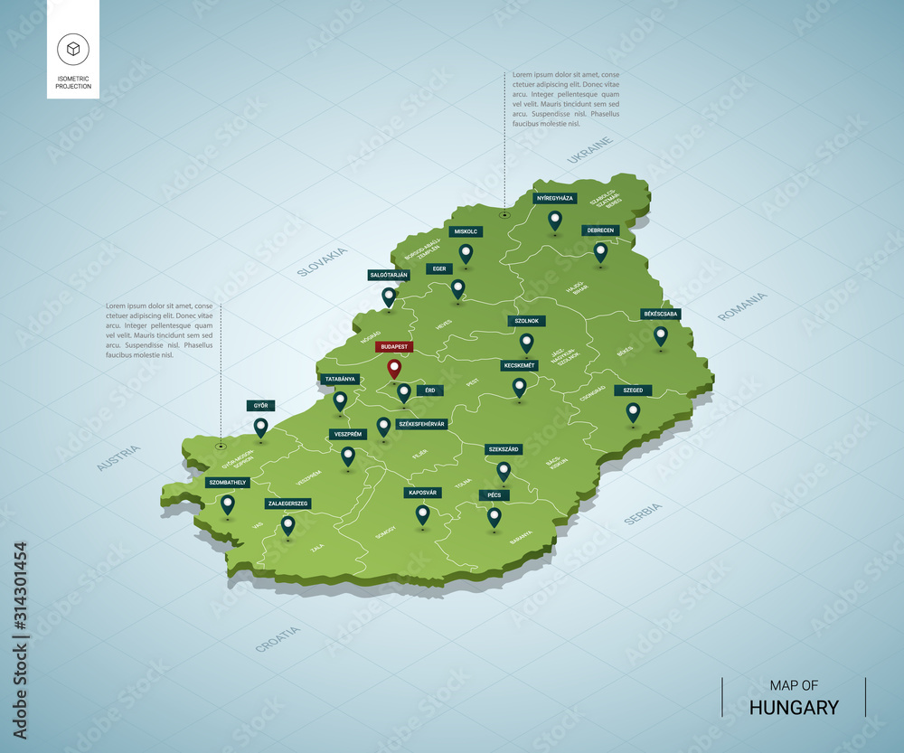 Stylized map of Hungary. Isometric 3D green map with cities, borders ...