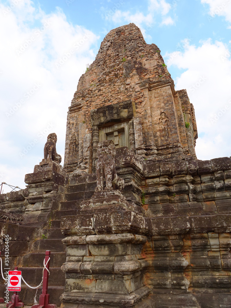 Stone rock tower at Ancient buddhist khmer temple architecture ruin of ...
