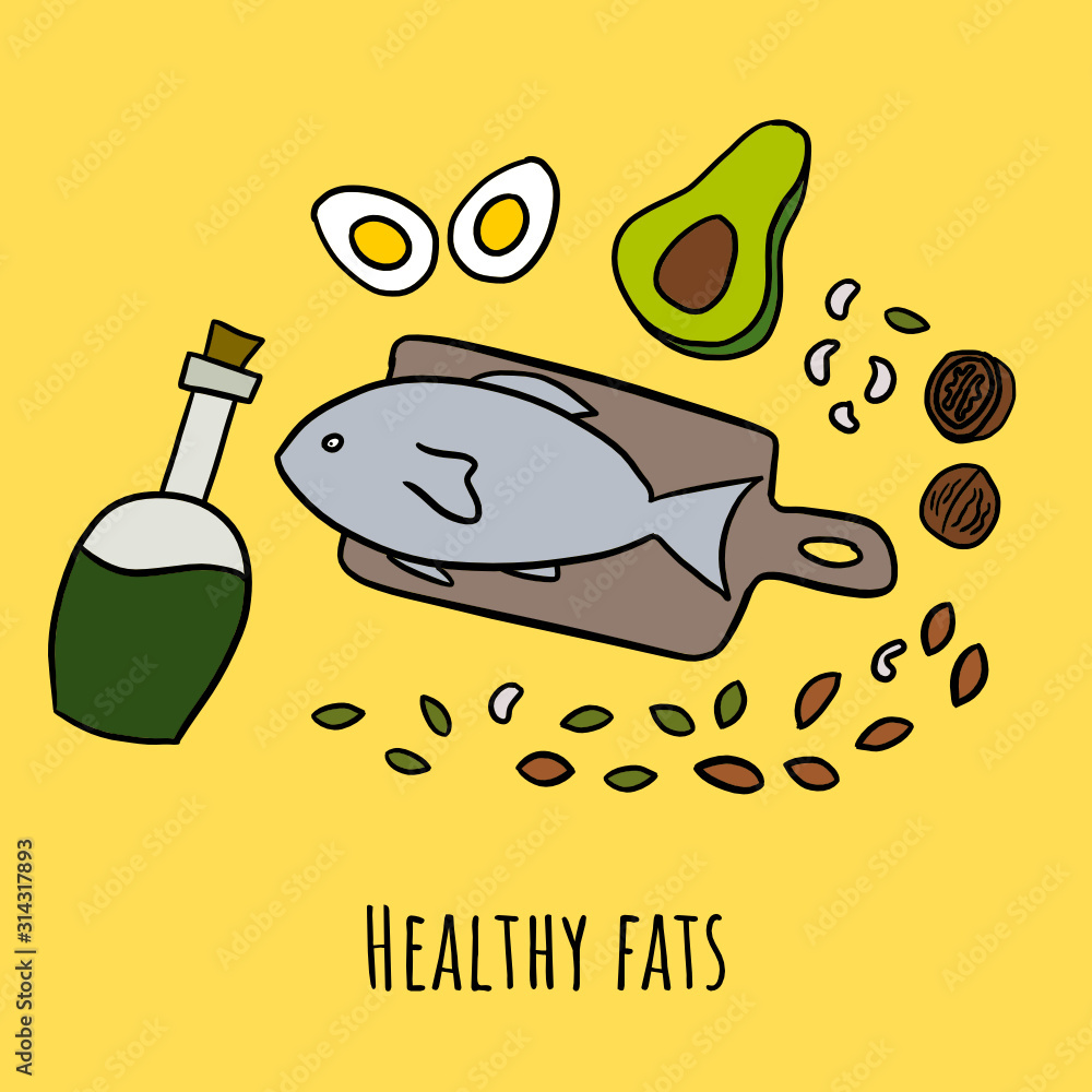Good healthy fats concept in cartoon style, avocado, fish, eggs, olive ...