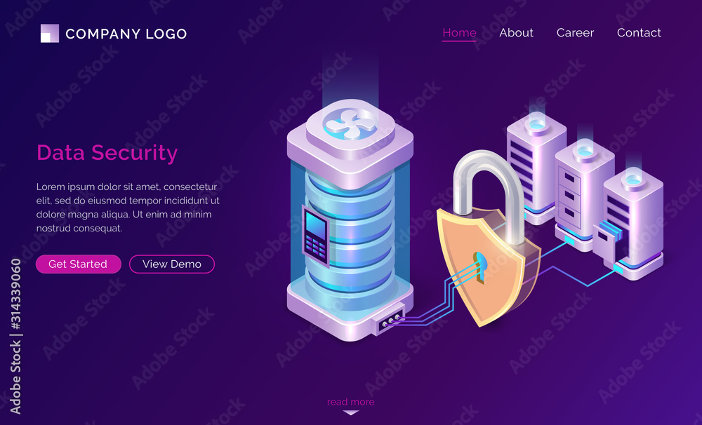 Cyber data security isometric landing page. Server room protected with shield padlock from outer ...