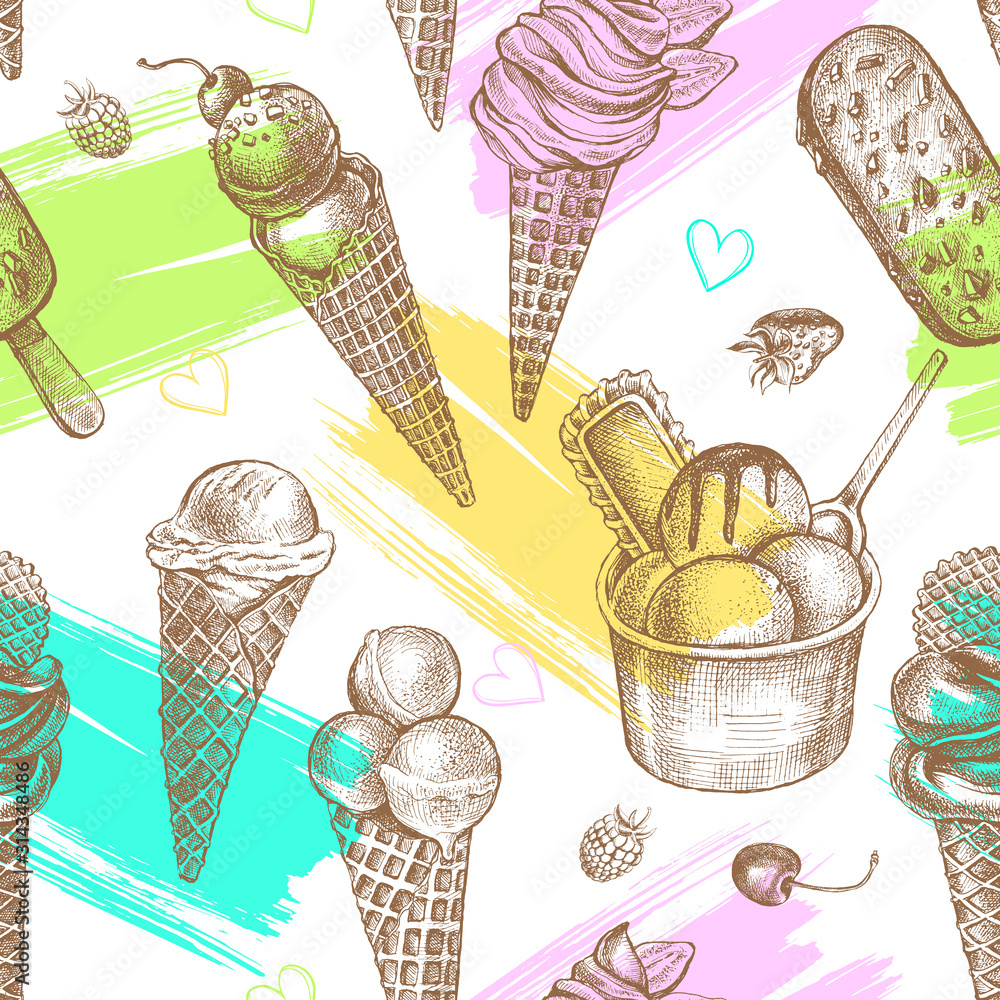 Decorative seamless pattern with Ink hand drawn different types of ice ...