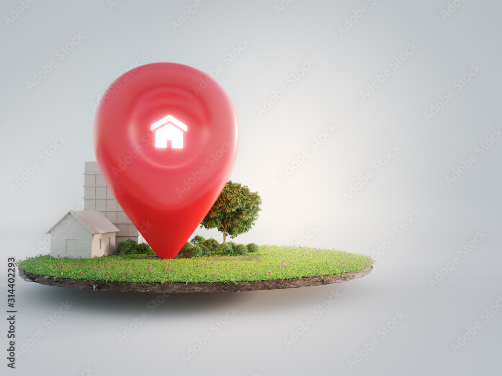 House symbol with location pin icon on earth and green grass in real ...