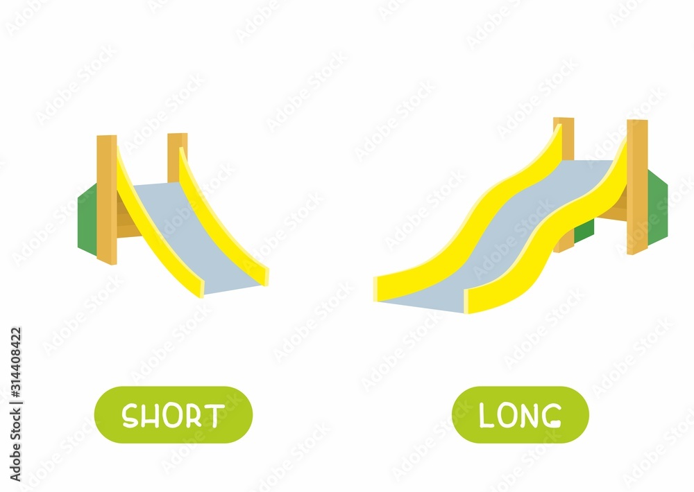 Short and long antonyms word card flat vector template. Flashcard for ...
