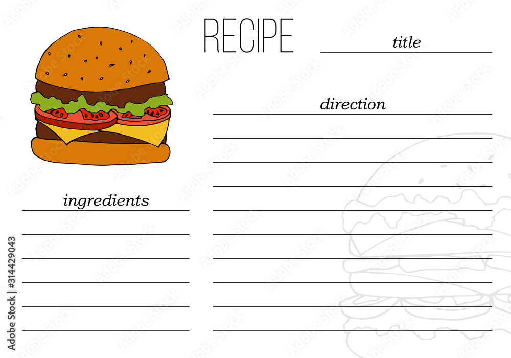 Vector simple recipe card template with fast food illustration in ...
