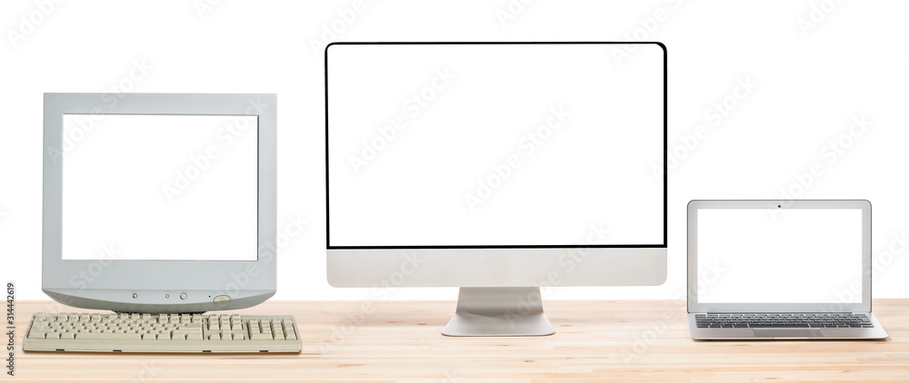 Conceptual workspace or business concept. Laptop computer, retro CRT ...