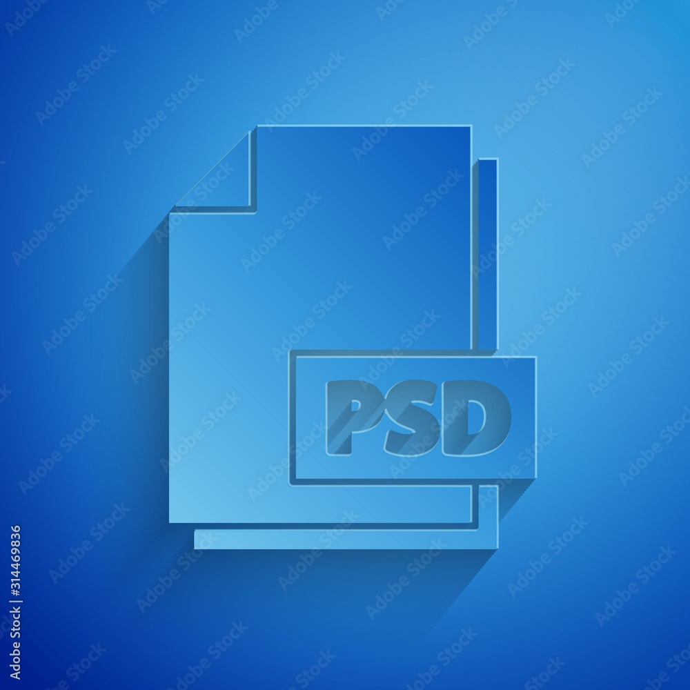 Paper cut PSD file document. Download psd button icon isolated on blue ...