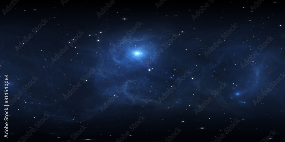 360 degree space background with blue nebula and stars, equirectangular ...
