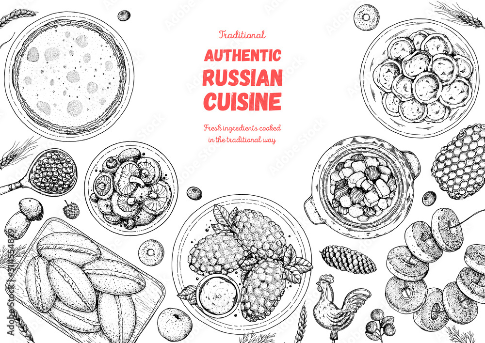 Russian cuisine top view frame. Food menu design elements. Traditional ...