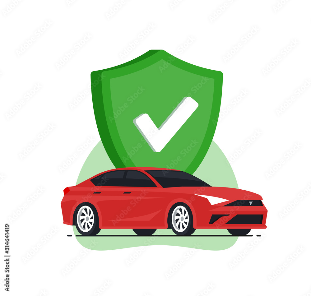 Auto safetyconcept. Car insurance. Red car with green shield. Vector ...