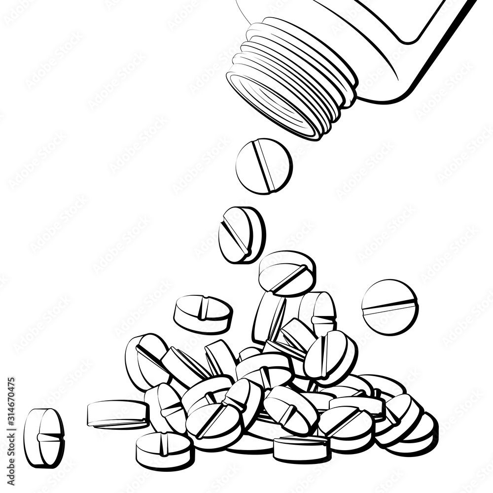Pills spilled from bottle vector illustration. Pile of pills concept in ...