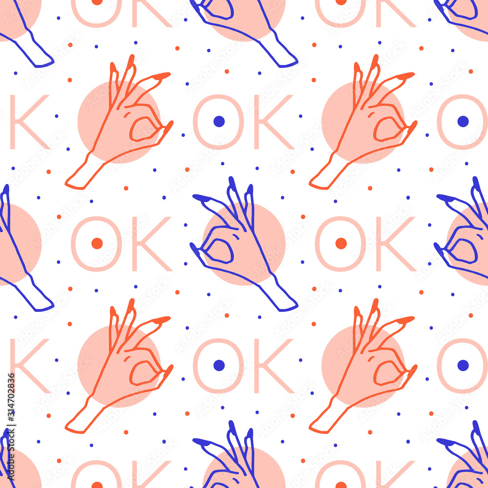It`s ok vector hand drawn doodle seamless pattern with woman`s hand and ...