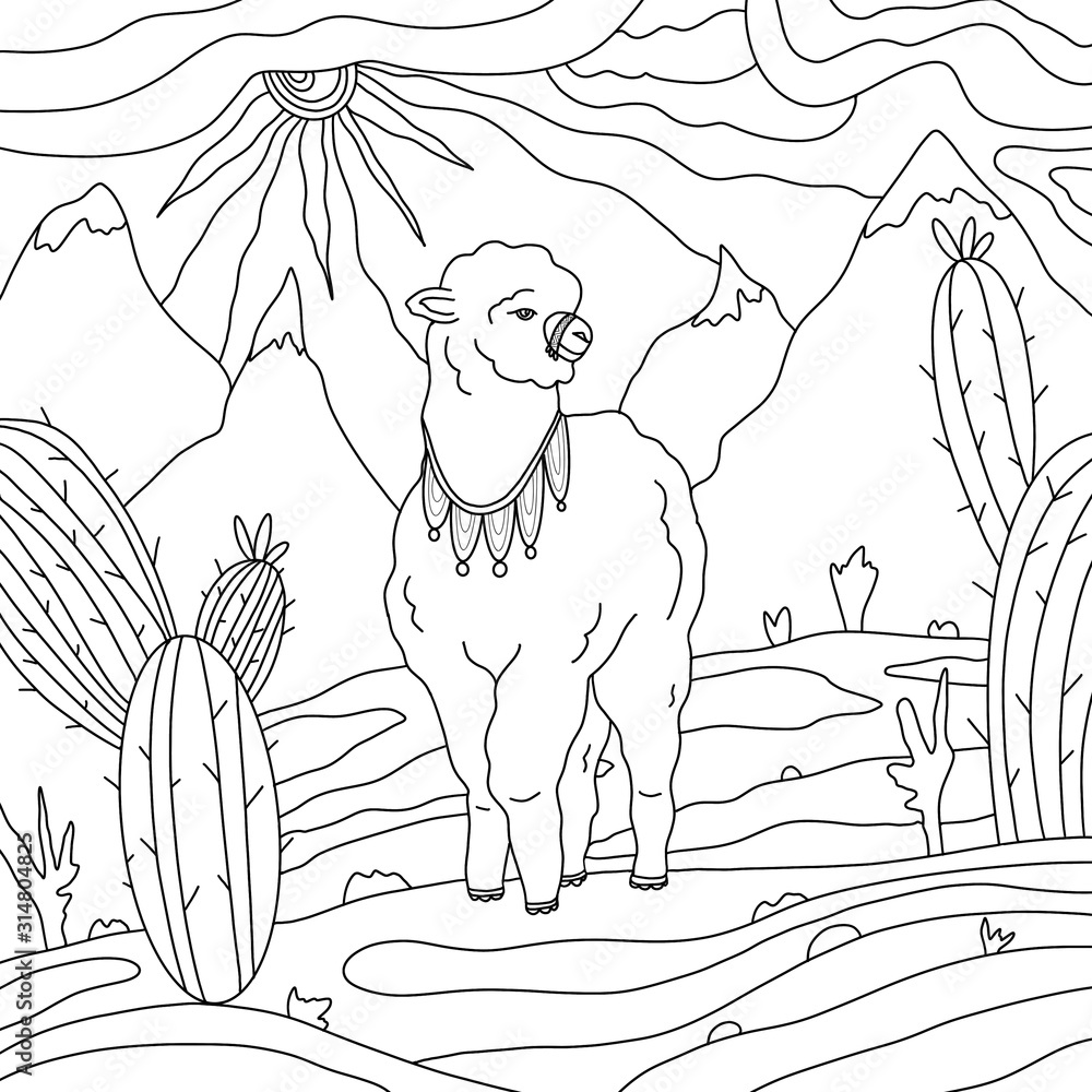 Llama coloring page. For children and adults. Cute animal illustration ...