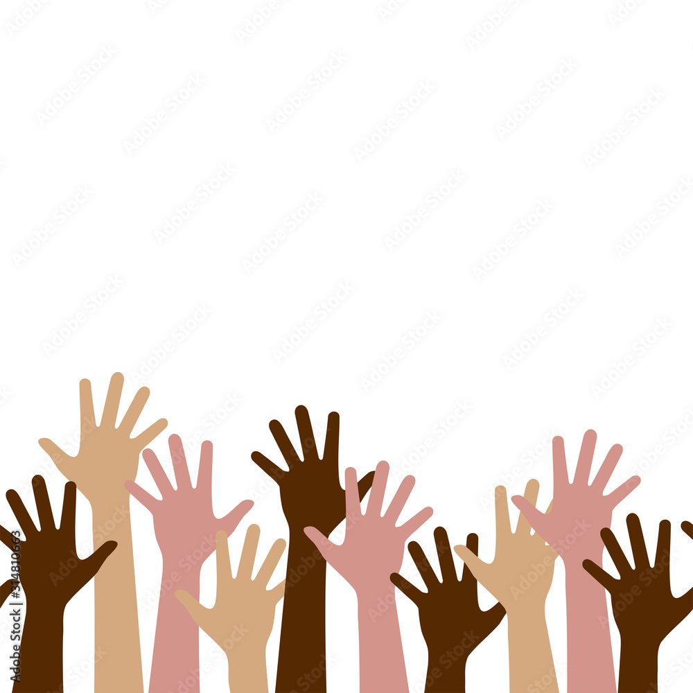 Multicultural crowd of people with hands up, teamwork of multinational ...