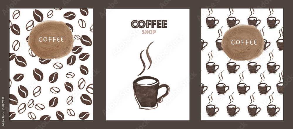 Set of modern posters with coffee backgrounds. Trendy hipster templates ...