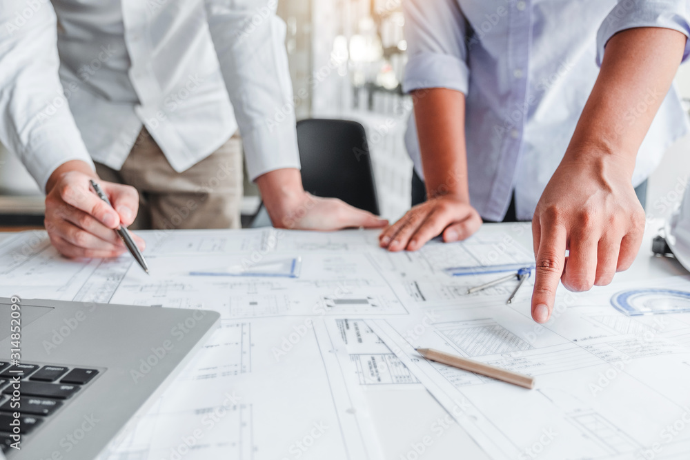 Team Engineer drawing graphic planning and meeting for architectural ...