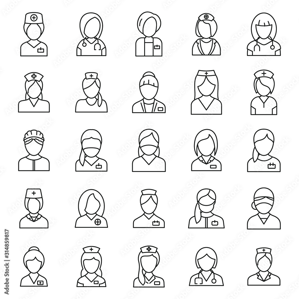 Hospital nurse icons set. Outline set of hospital nurse vector icons ...